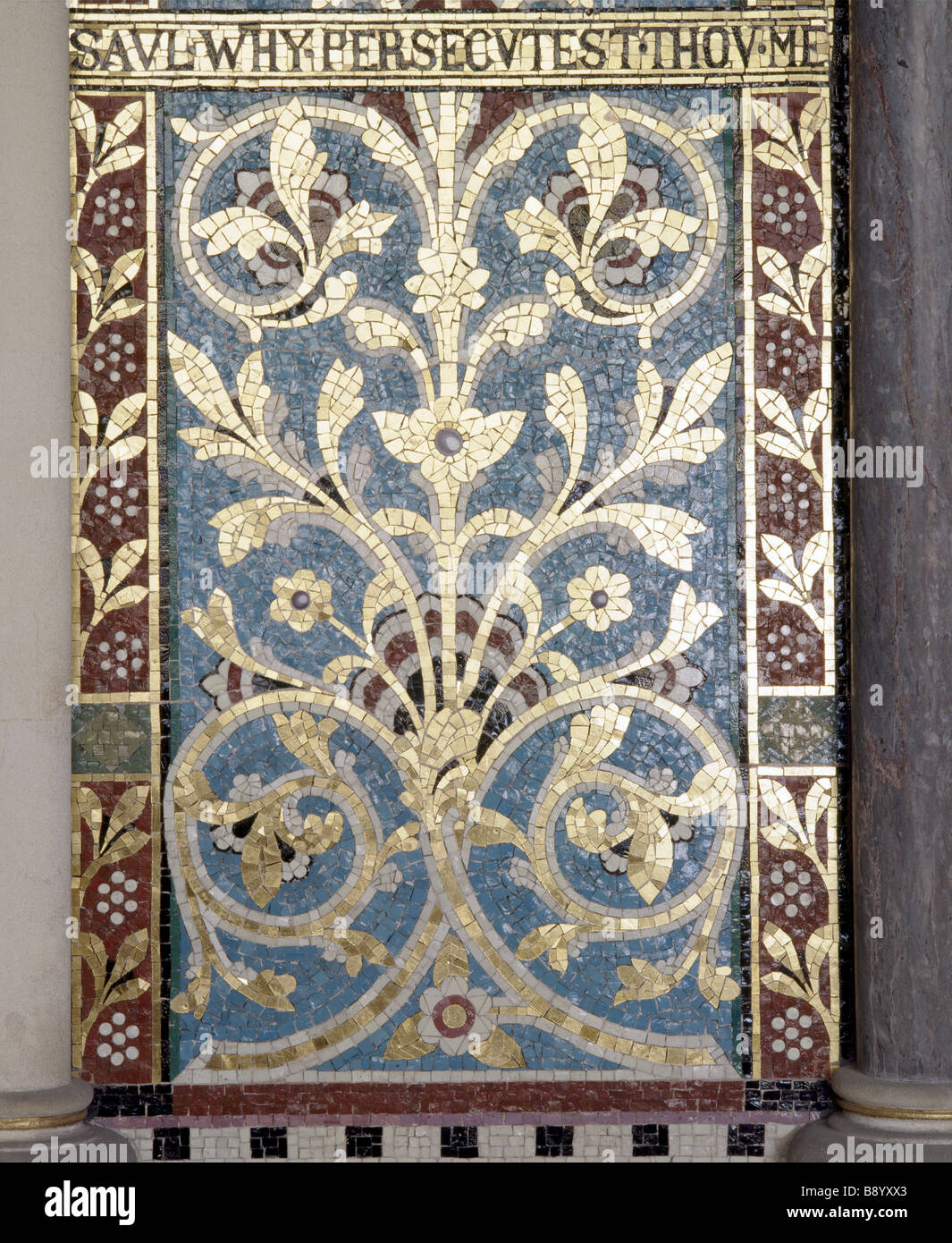Close view of a mosaic panel part of a triptych behind the altar in the ...