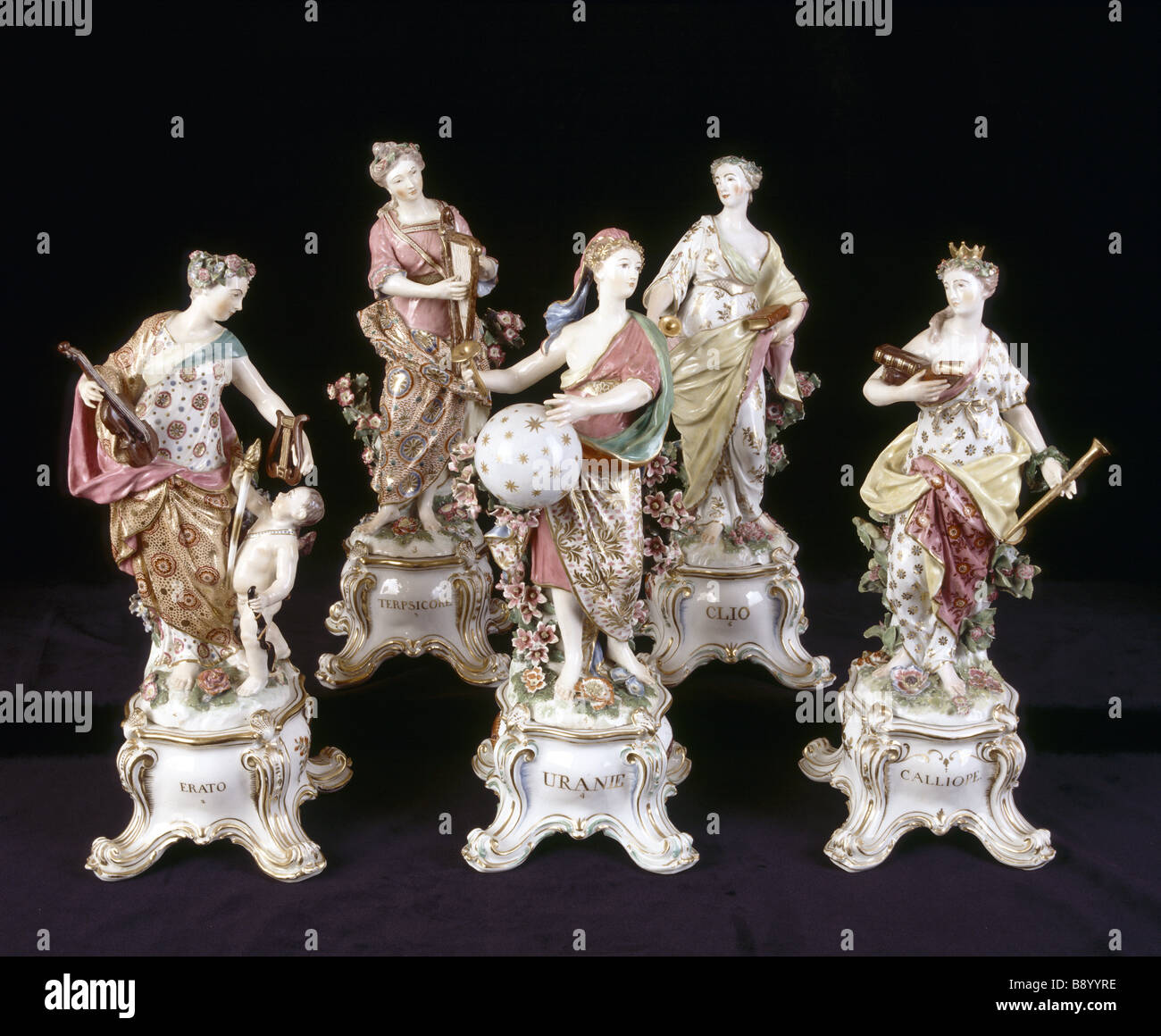Close view of Chelsea Gold Anchor porcelain figures of five of the nine ...