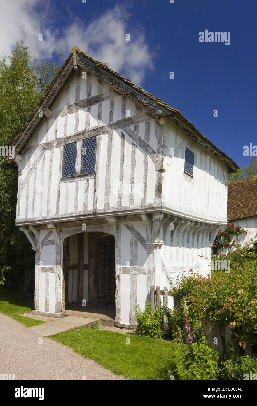 The Gatehouse over the moat to Lower Brockhampton House the medieval ...