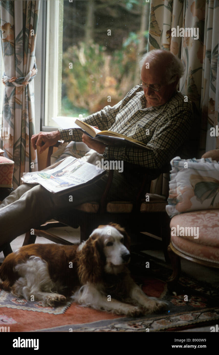Elderly man reading the paper with spaniel at his feet Stock Photo - Alamy