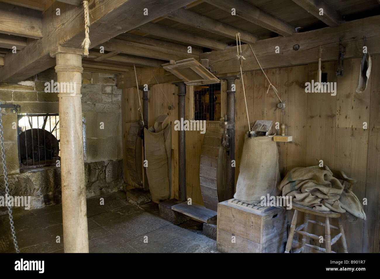 Restored machinery inside Stainsby Mill a working water powered flour ...