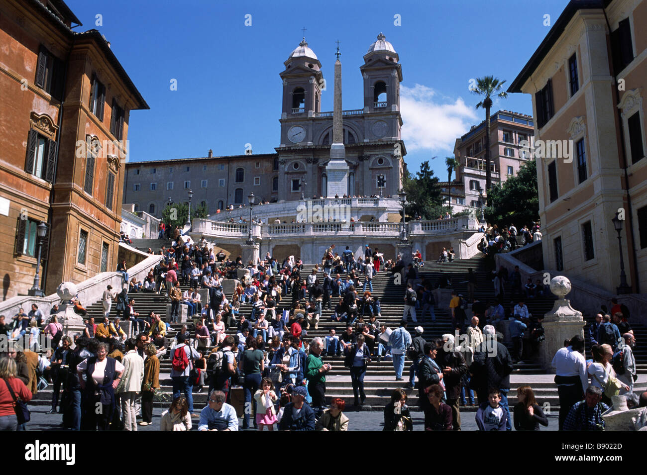 The crowded and popular Spanish Steps in Rome Italy with the Trinita ...