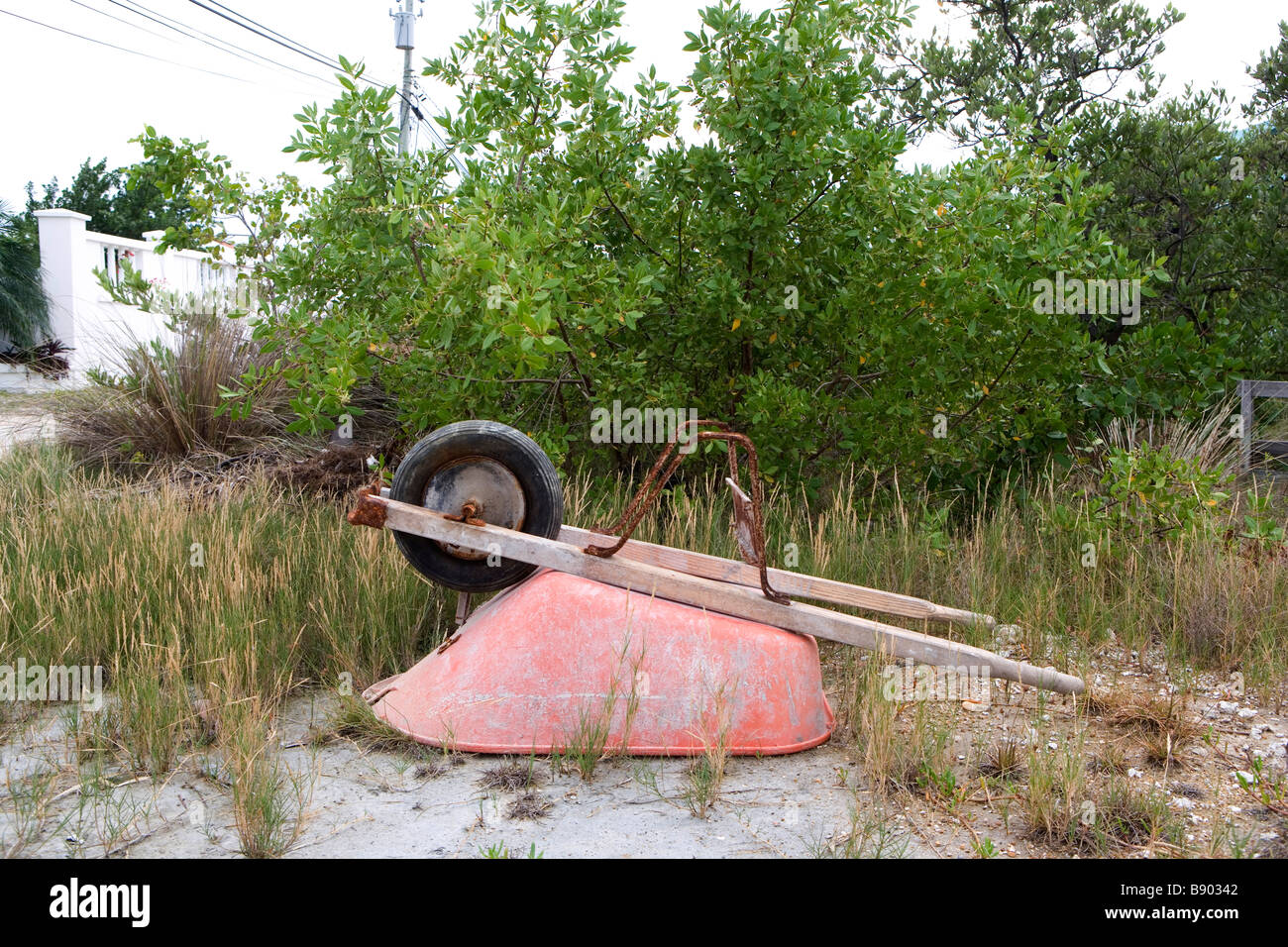 Upside-down wheel barrel in the sand and weeds on Ambergris Caye in ...