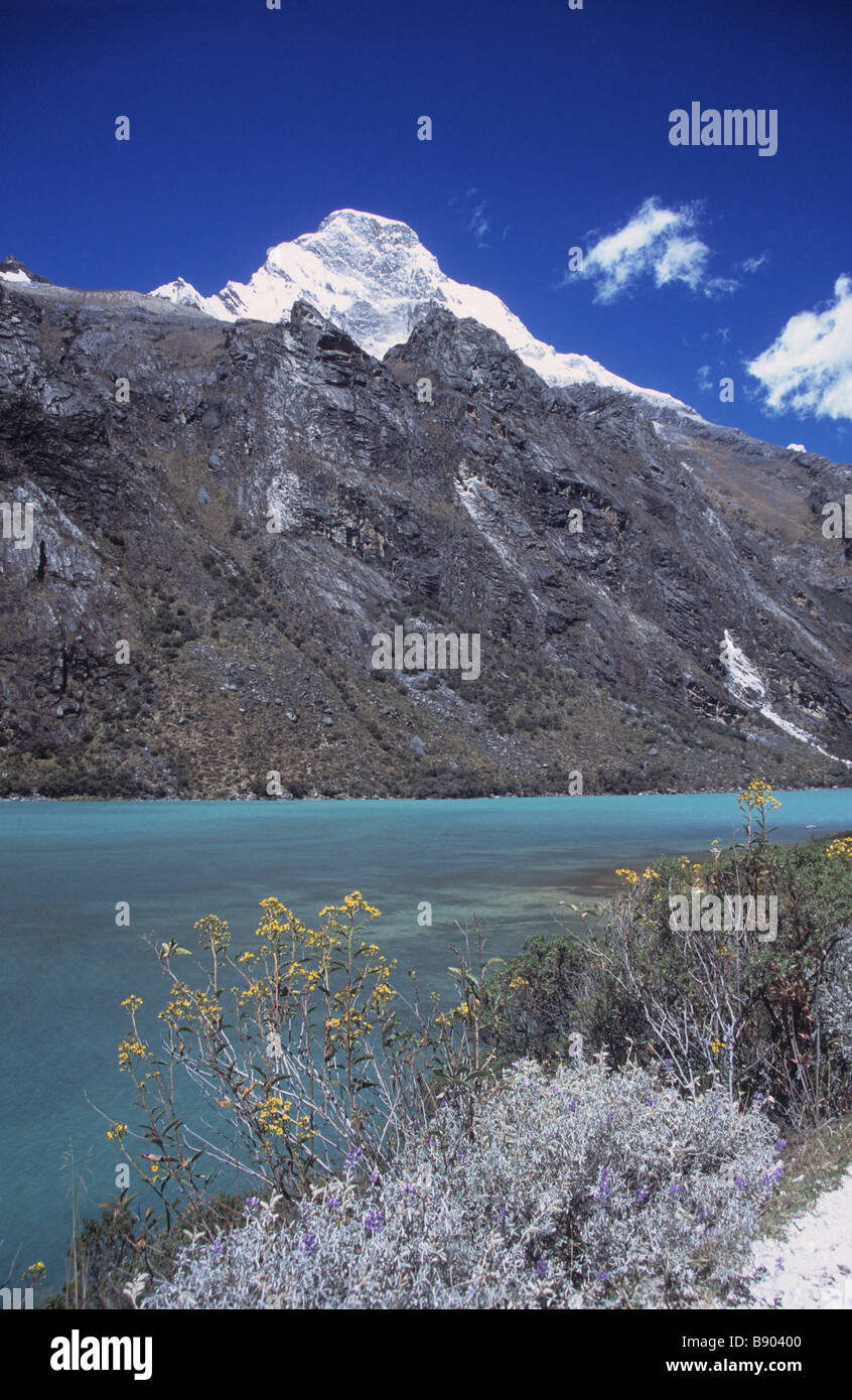 Mt Huascaran north peak and Lake Orgoncocha (the upper of the ...