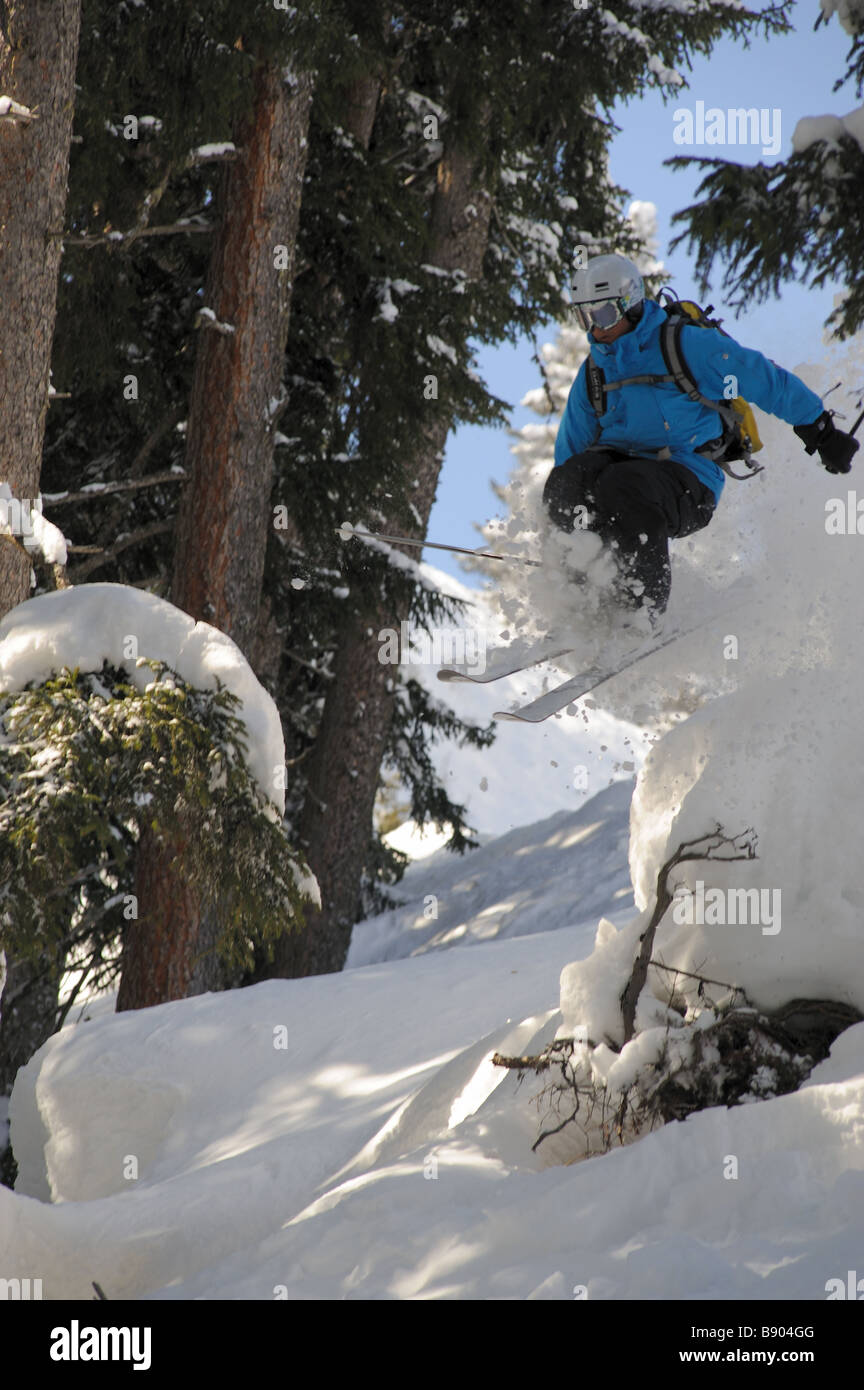 Skier jumps over a bump in deep powder Stock Photo - Alamy