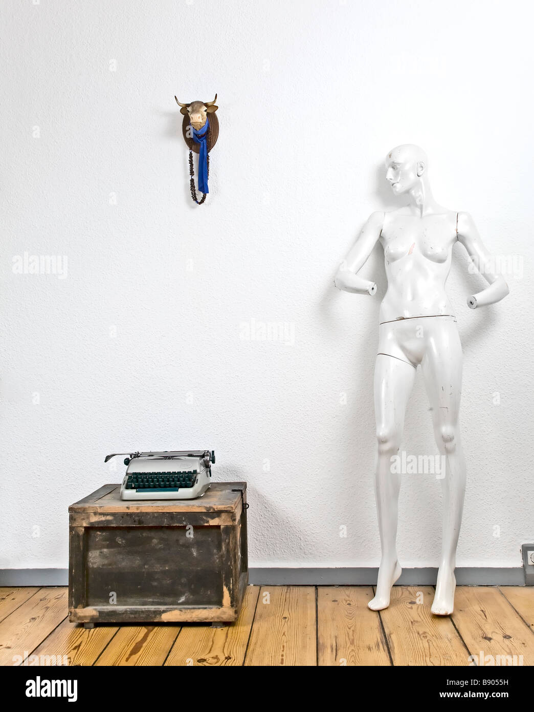 typewriter mannequin, cows head and old wooden box Stock Photo - Alamy