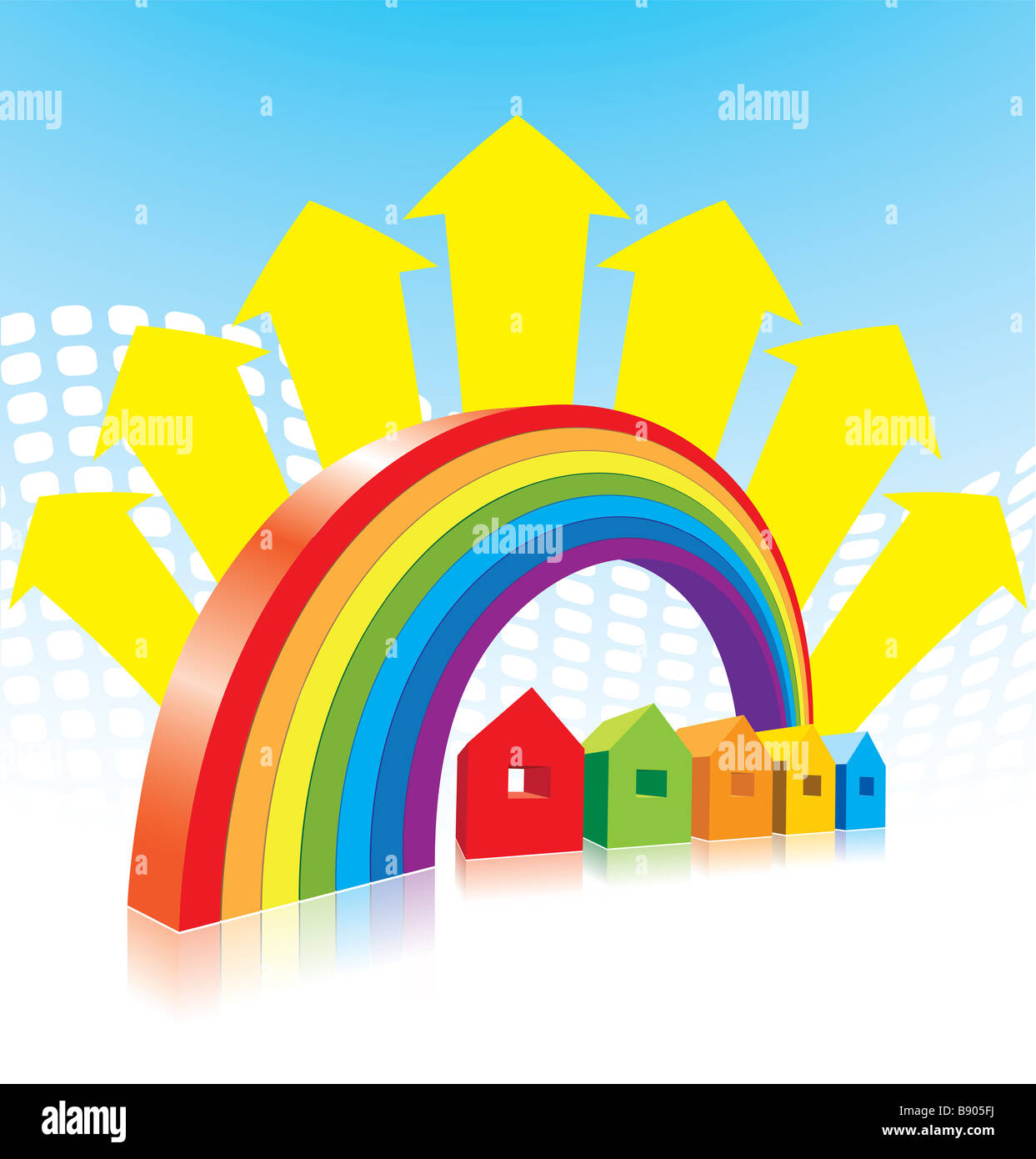 Vector illustration with rainbow and small houses Stock Photo - Alamy