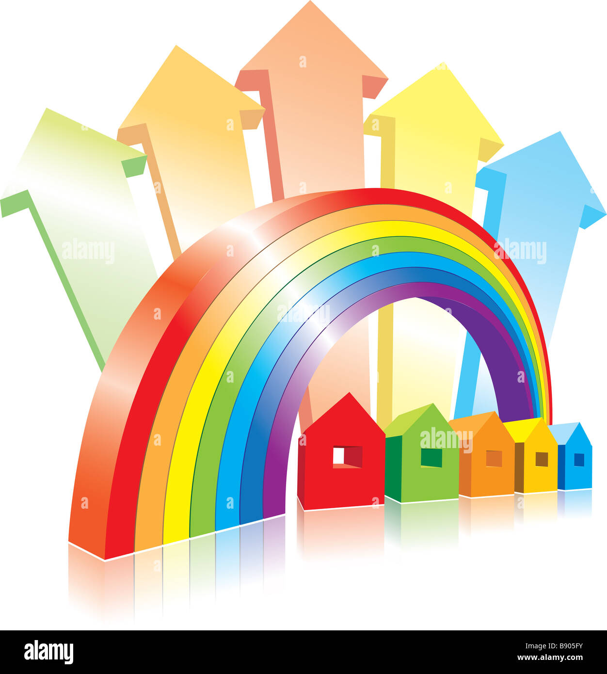 Vector illustration with rainbow and small houses Stock Photo - Alamy