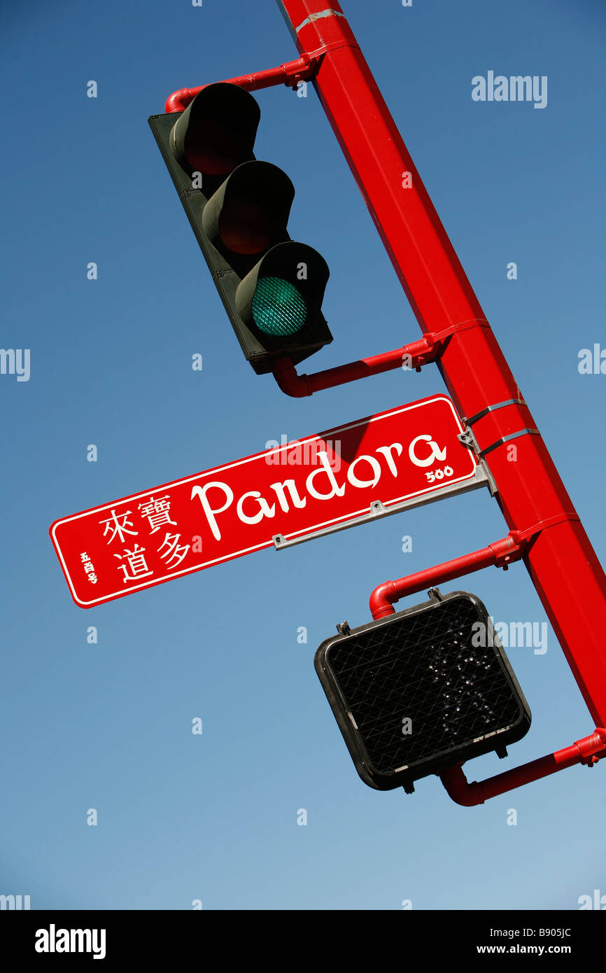 The Pandora street sign and traffic light in Victoria's Chinatown in ...
