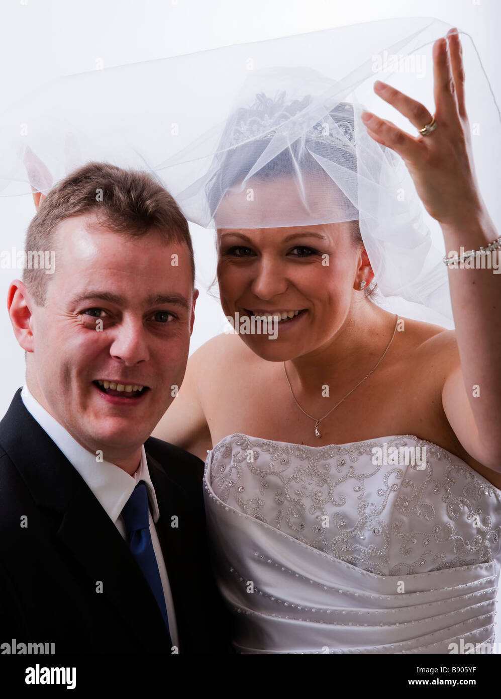 Bride and Groom on wedding day, marriage, bride in white wedding dress ...