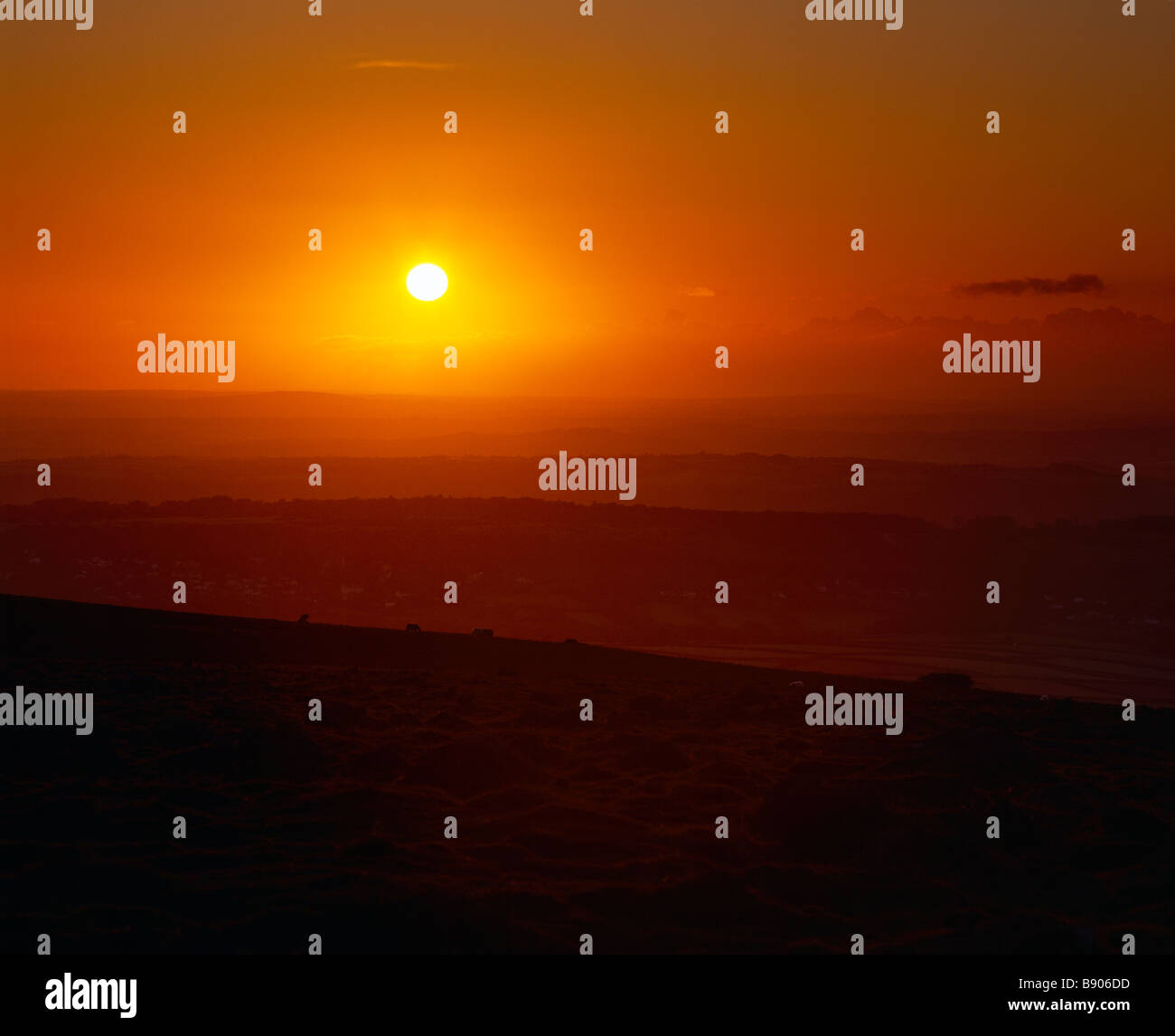 Sunset over Dartmoor National Park landscape viewed from Sharpitor near ...