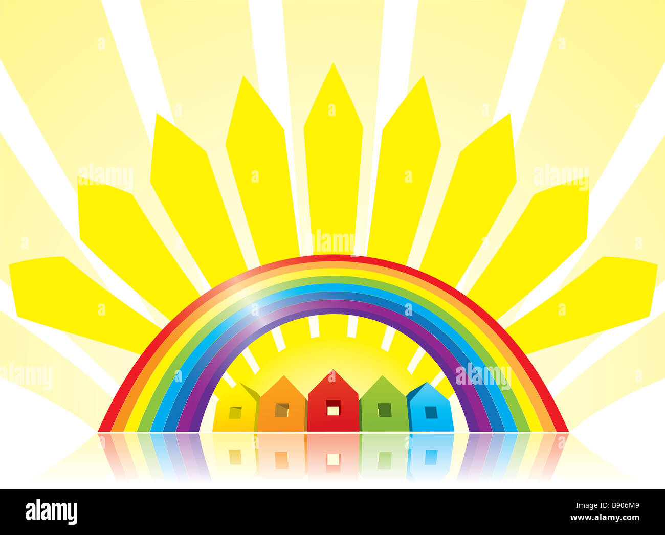 Vector illustration with rainbow and small houses Stock Photo - Alamy