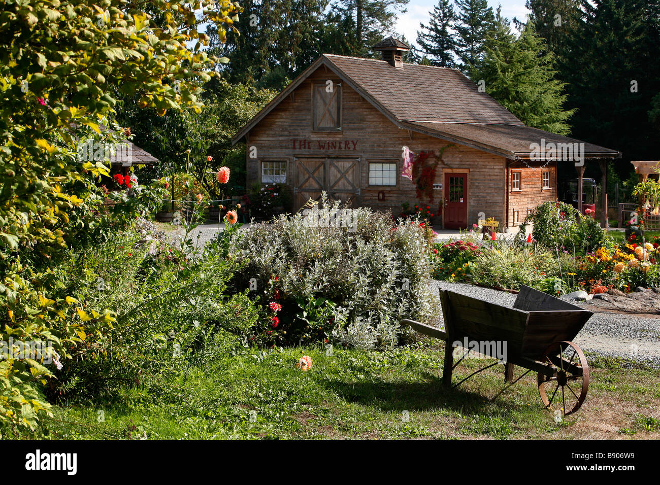 Winery building and wheel barrow at the Starling Lane Winery on the ...
