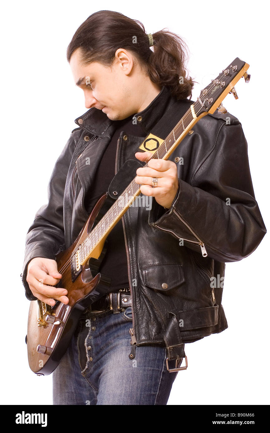 one man plays the guitar on a white background Stock Photo - Alamy