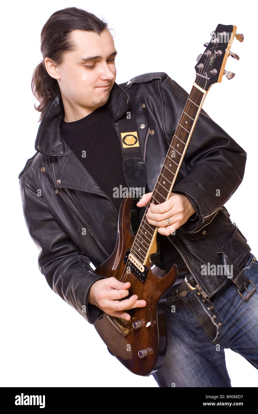 one man plays the guitar on a white background Stock Photo - Alamy