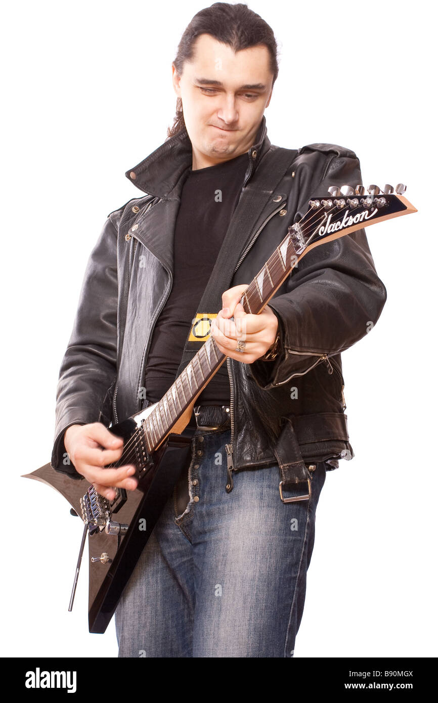 one man plays the guitar on a white background Stock Photo - Alamy