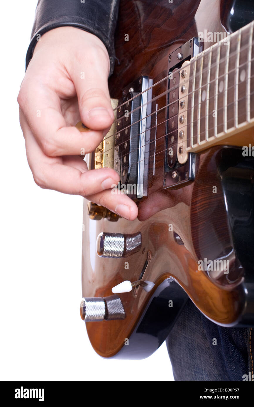 one man plays the guitar on a white background Stock Photo - Alamy