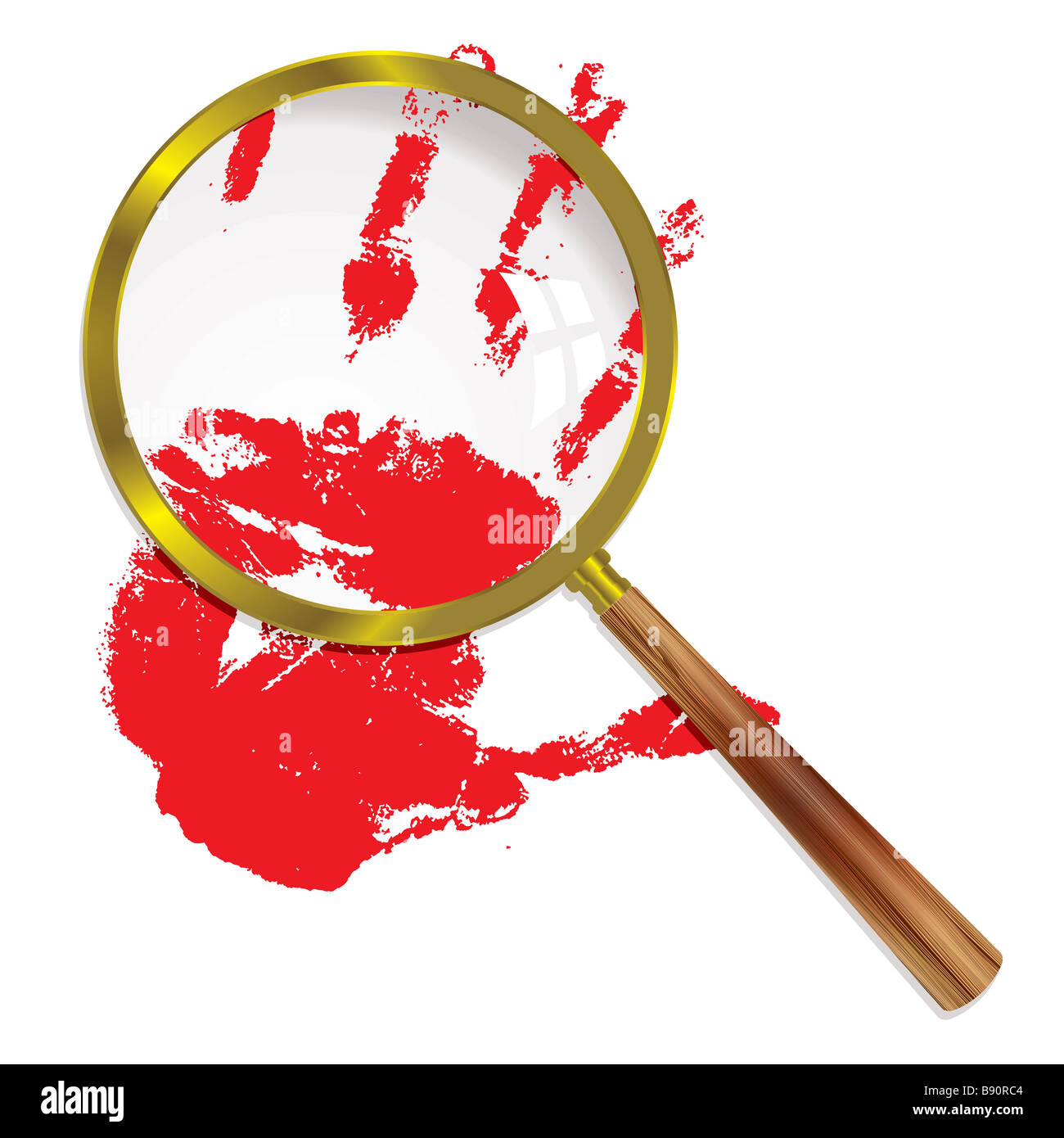 Close up of a bloody hand under a magnifying glass with wooden handle ...