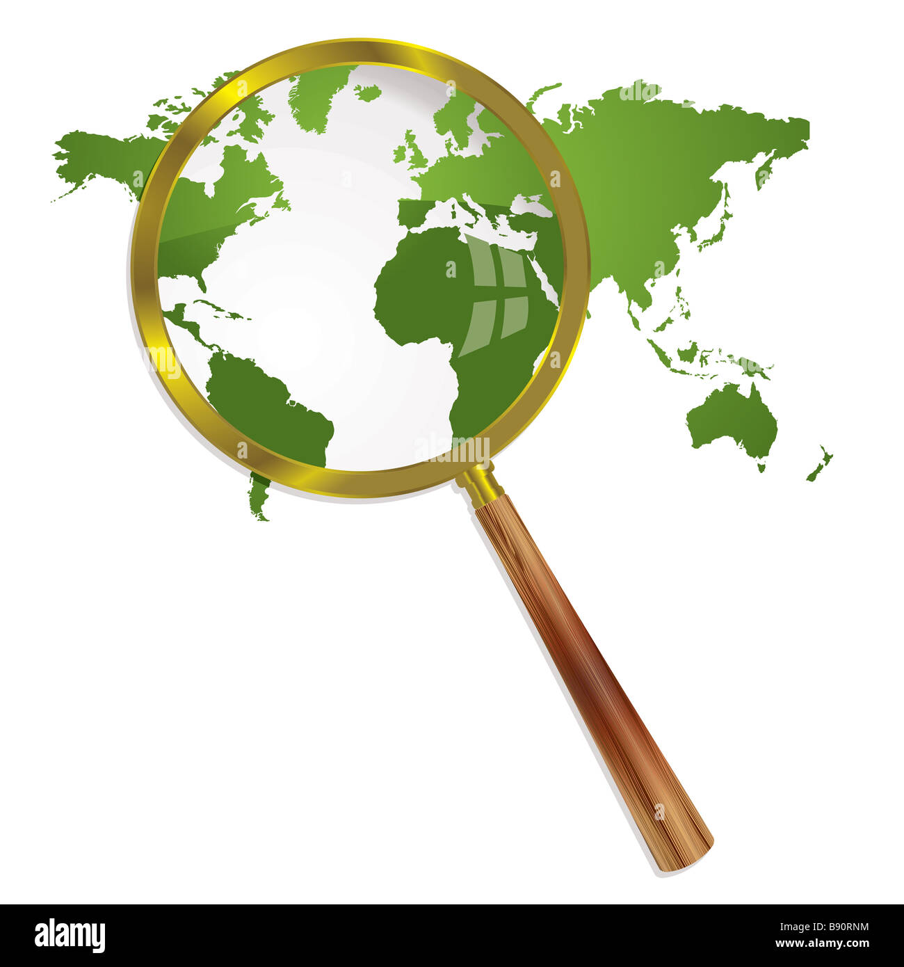 green world map with magnifying glass and drop shadow Stock Photo - Alamy