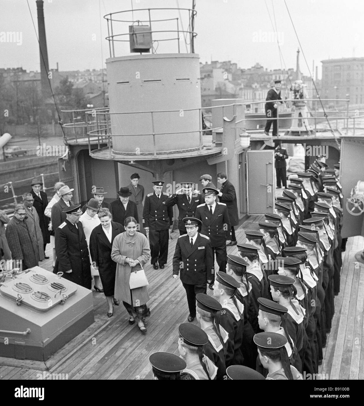 Ceylon Prime Minister Sirimavo Bandaranaike visits cruiser Avrora Stock ...
