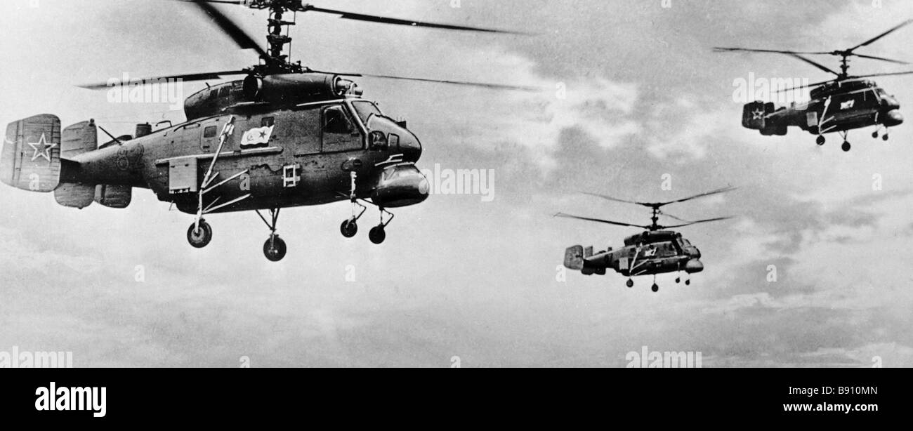 Ka 25 hunter killer helicopters in the air Stock Photo - Alamy