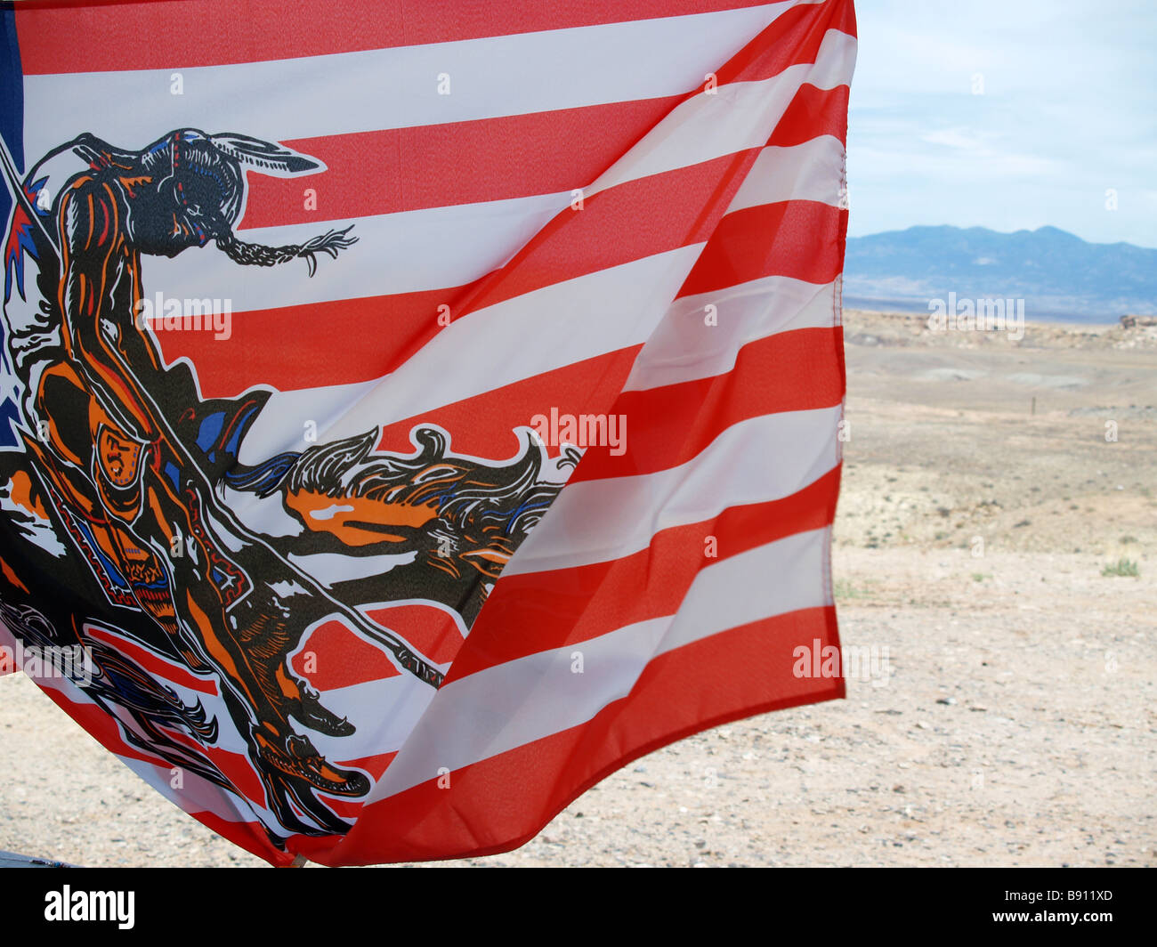 Red and white striped flag with Native American design Stock Photo - Alamy