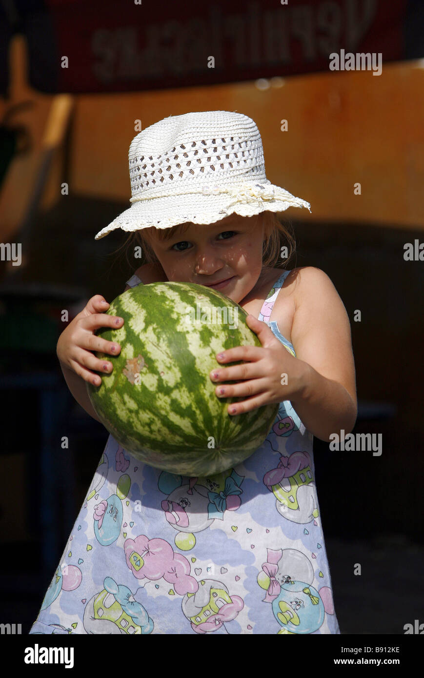 CHILD PICKS UP WATER MELON UZHGOROD UKRAINE UZHGOROD UKRAINE 24 August ...