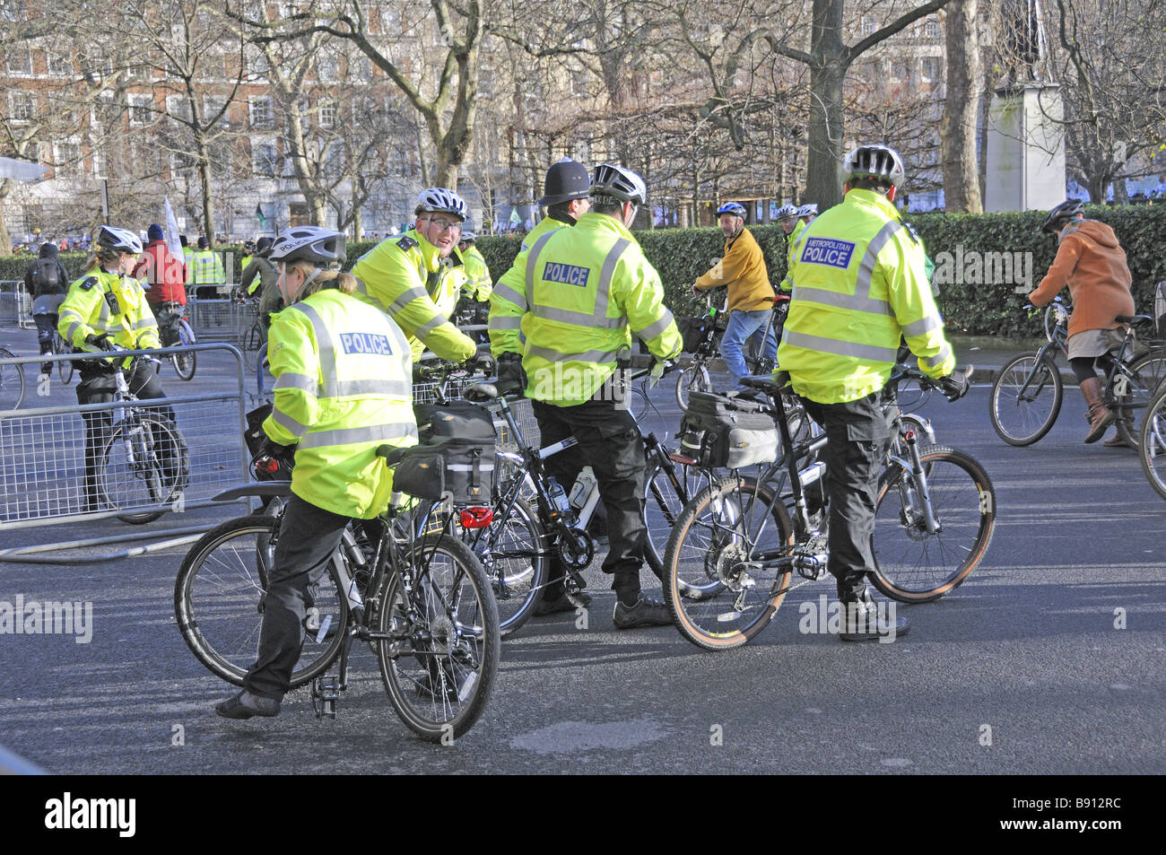 Metropolitan police on bikes at climate change march London England UK ...