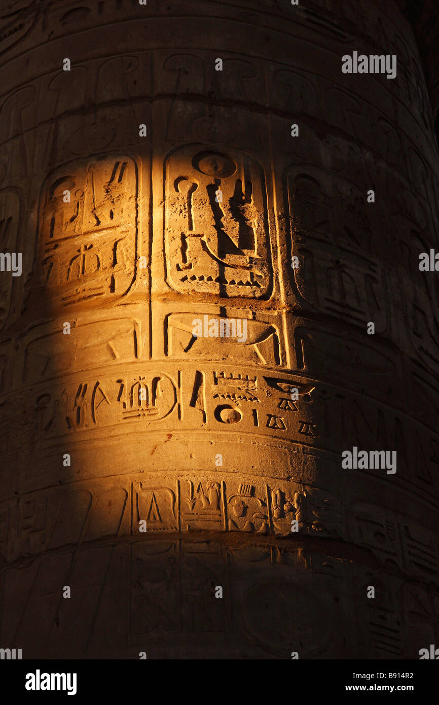 Karnak Temple hieroglyphics, close up detail of column relief carvings ...