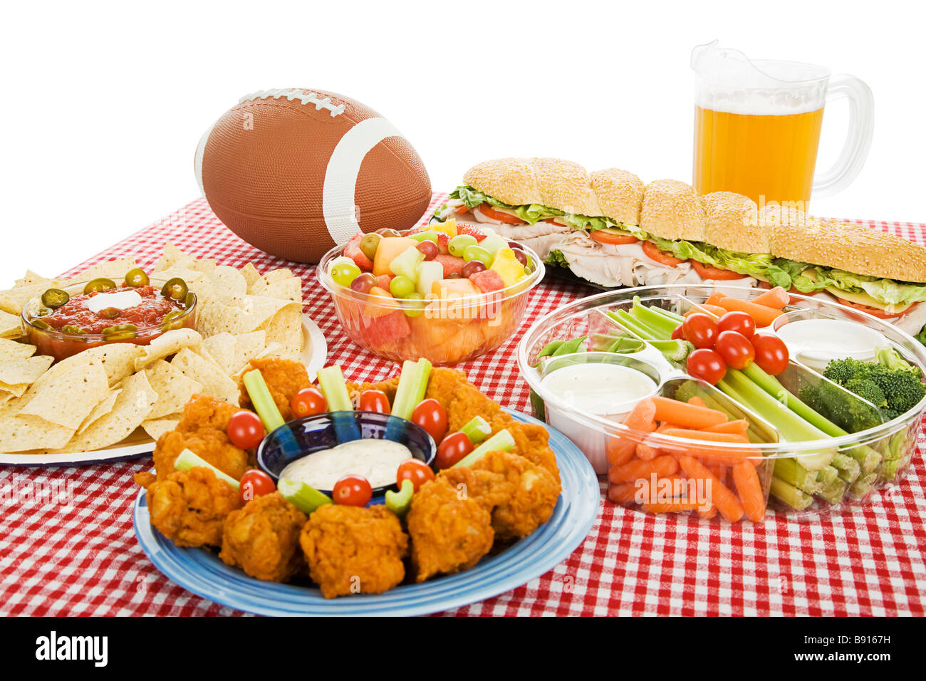 Table spread with appetizer trays for the footbal party Horizontal view ...