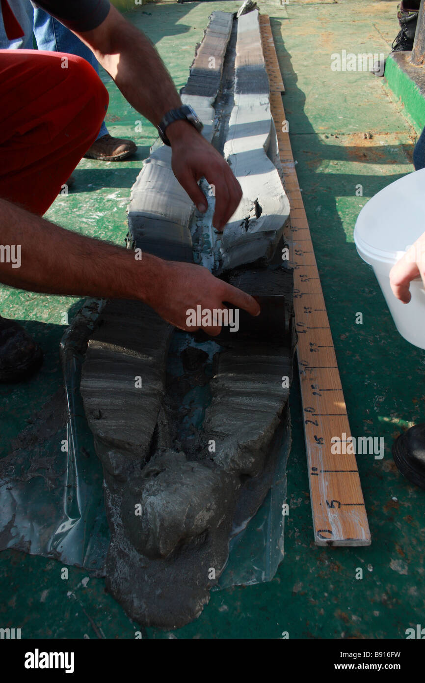 Dissecting a sediment core in the Romanian Black Sea Stock Photo - Alamy