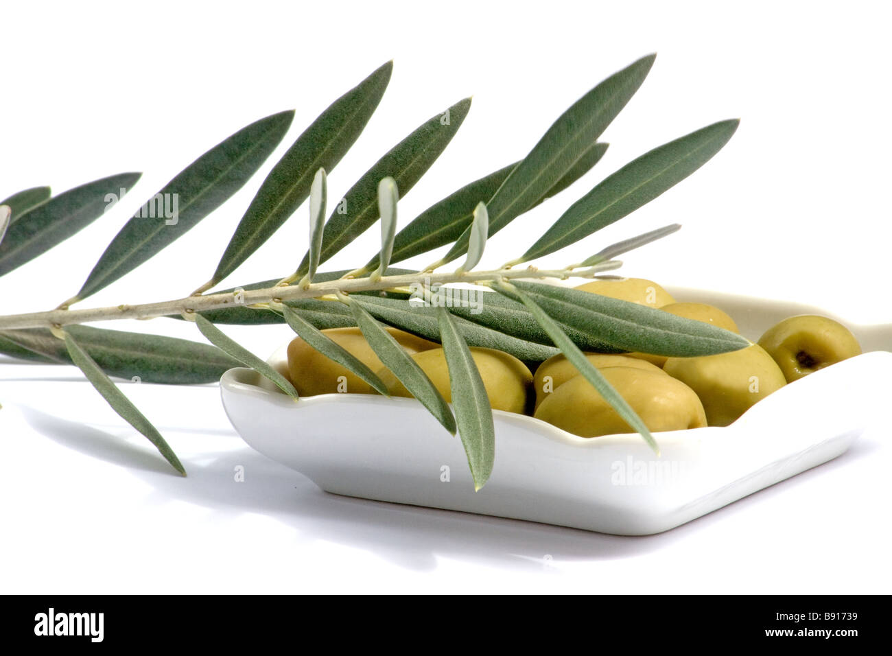 Close-up of olive sprig and bowl with olives on white background Stock ...