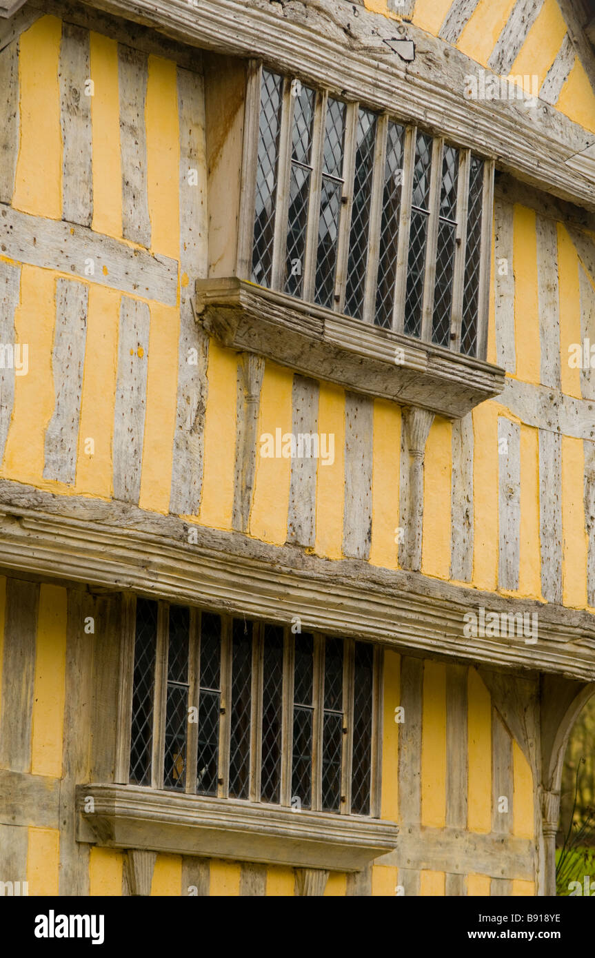 The jettied overhanging mullioned leaded windows of a 17th century half ...