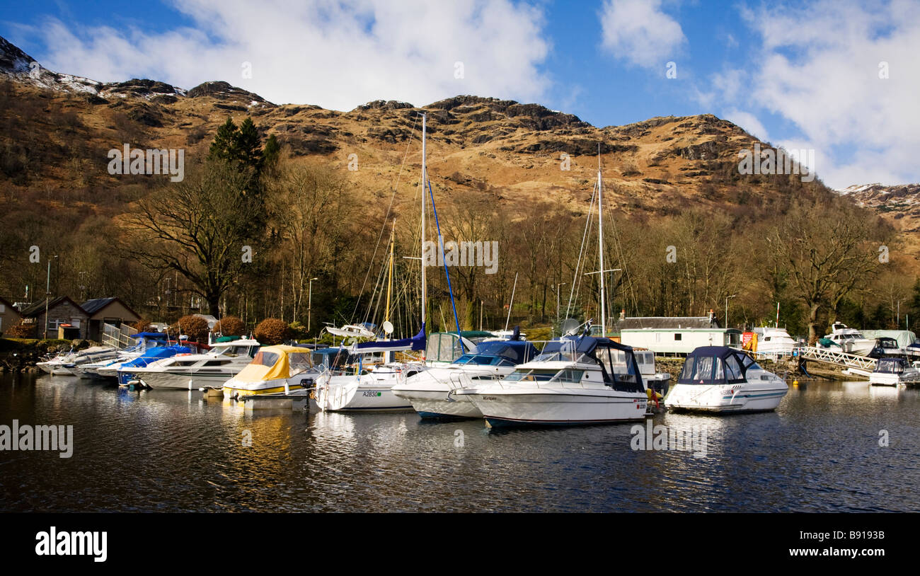 Boats moored at Ardlui marina, Loch Lomond, Stirlingshire, Scotland ...