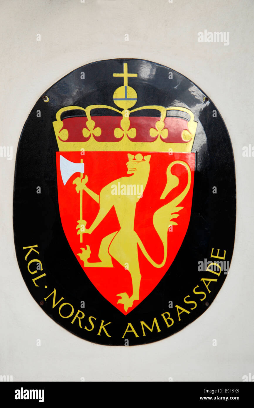 A coat of arms outside the Royal Norwegian Embassy, London, England ...