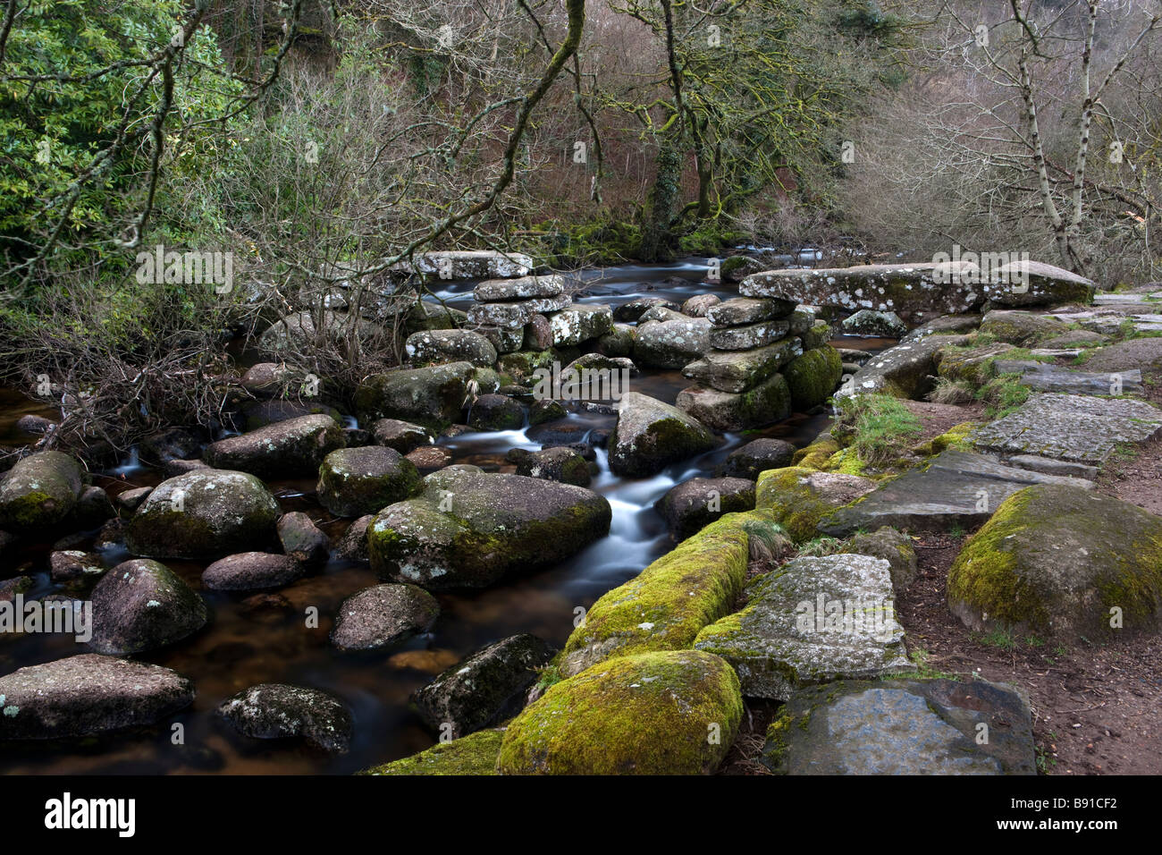 Clapper Bridge and East Dart River at Dartmeet. Dartmoor National Park ...