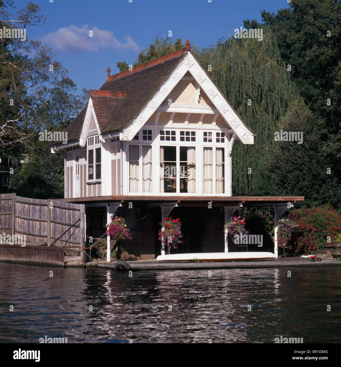 River Thames at Teddington Middlesex, riverside house with boathouse ...