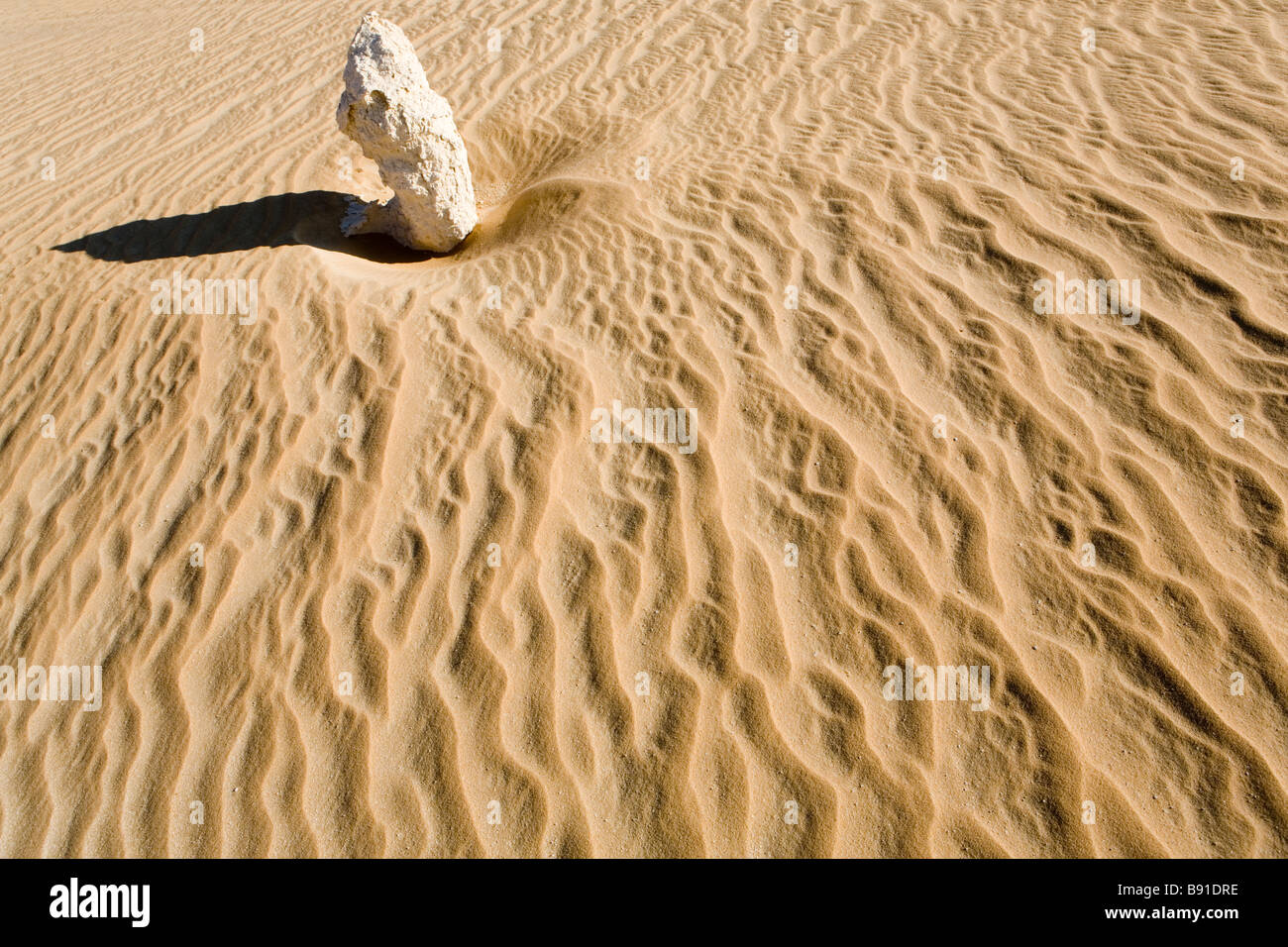 Single elongated rock and its shadow, standing in wind eroded desert ...