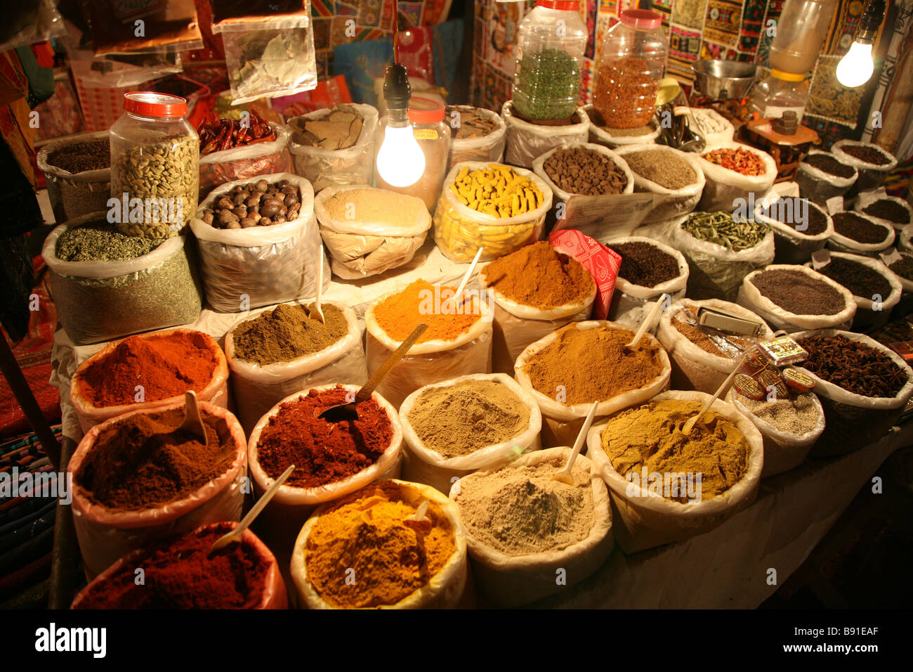 Local spices on display at the saturday night market at Baga in Goa ...