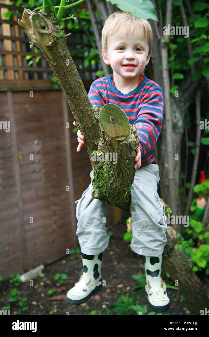 little boy sits smiling in a tree Stock Photo - Alamy