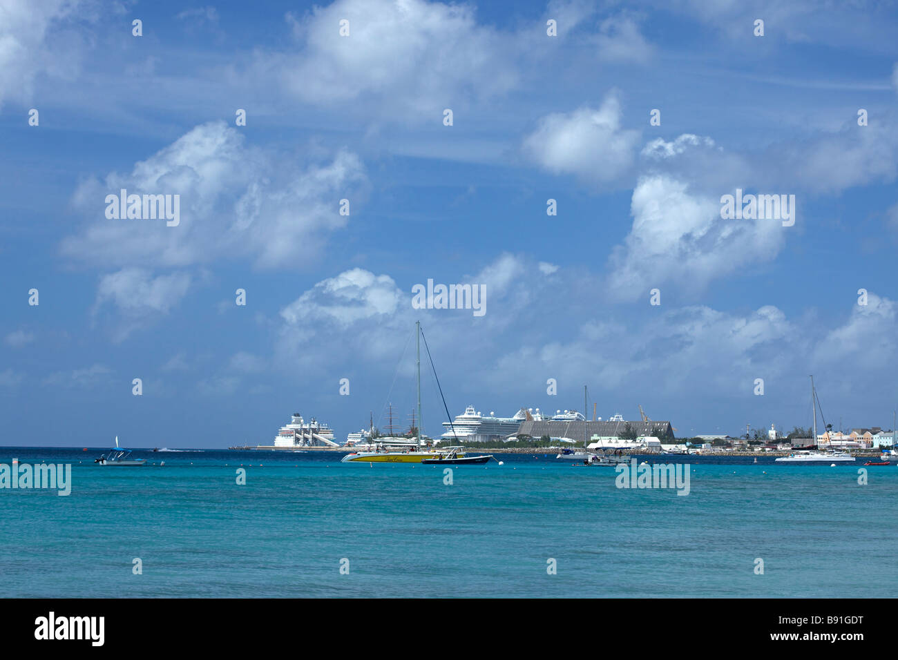 View of cruise ships at Barbados port and private boats in the distance ...