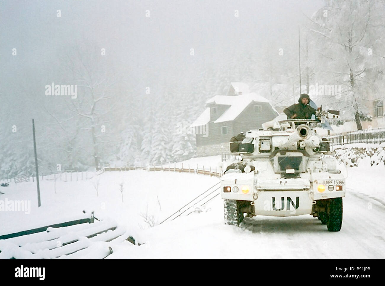 Armoured reconnaissance tank of UN on patrol in area of Sarajevo Bosnia ...