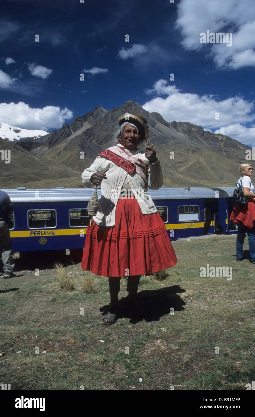 Old lady spinning wool using spindle in front of Orient Express owned ...