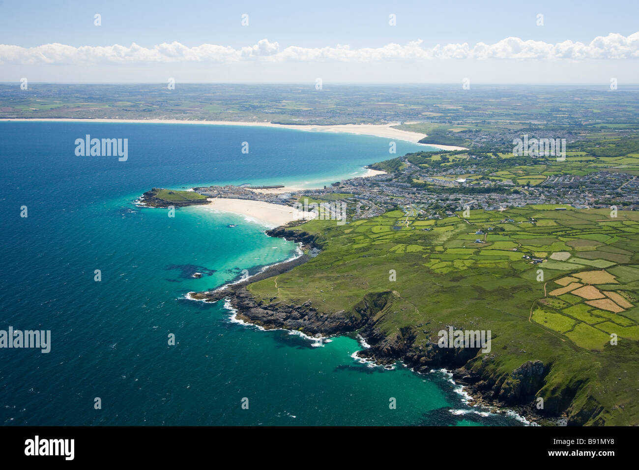 Aerial view of coastline near St Ives Lands End Peninsula Cornish ...