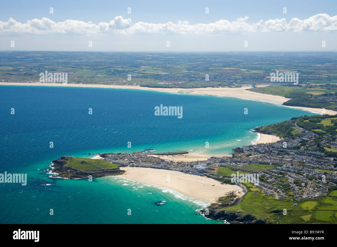 Aerial view of coastline coast St Ives West Penwith Hayle estuary ...