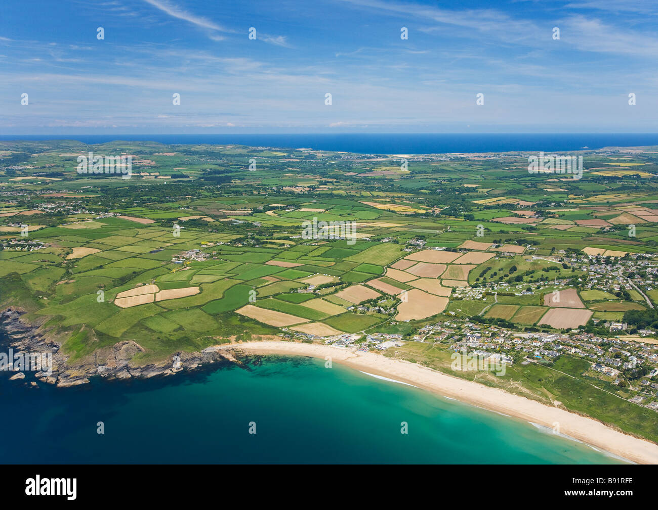 Aerial view of Praa Sands Lizard Peninsula Cornish Riviera Cornwall ...