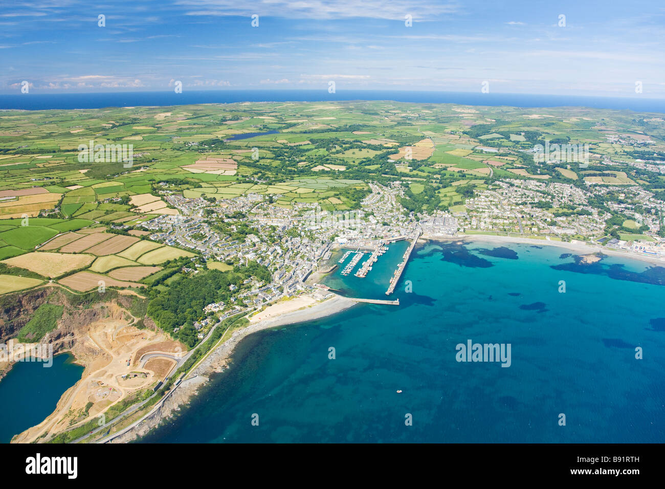Aerial view Newlyn harbour in summer sun Cornwall England UK United ...