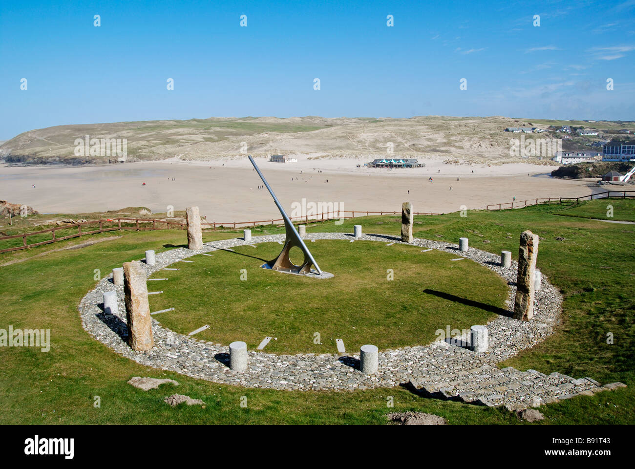 the millenium sundial overlooking the beach at perranporth,cornwall,uk ...