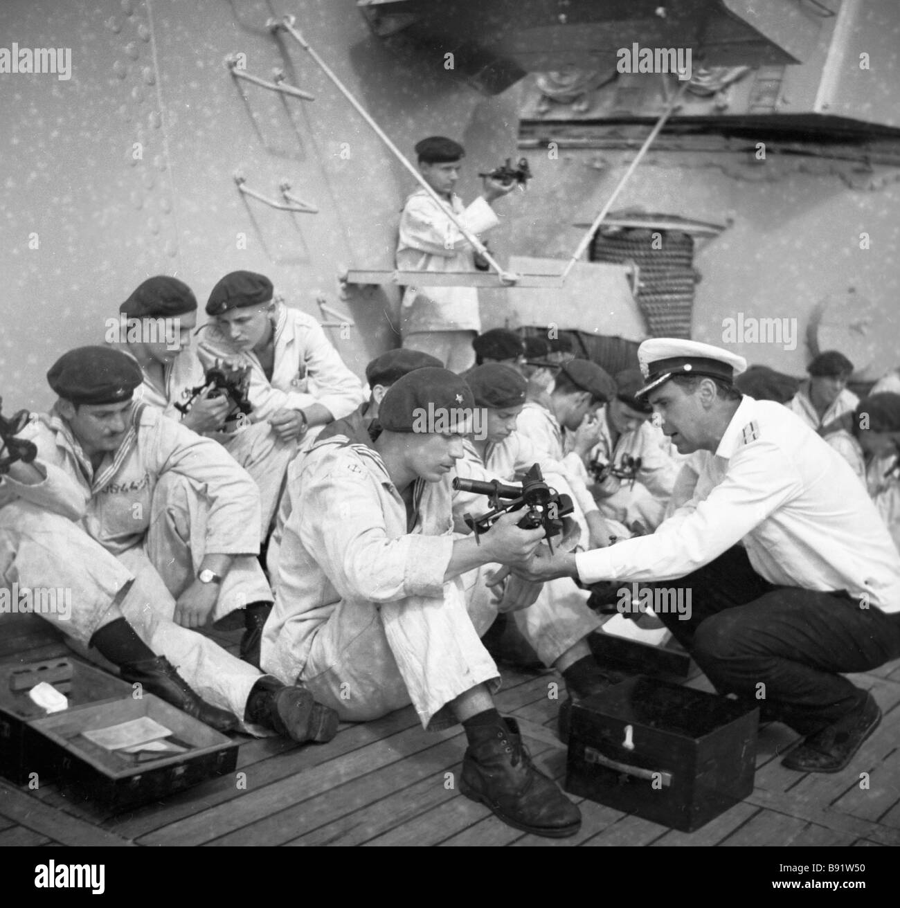 Cadets learning to fix the ship s position by sextant Stock Photo - Alamy