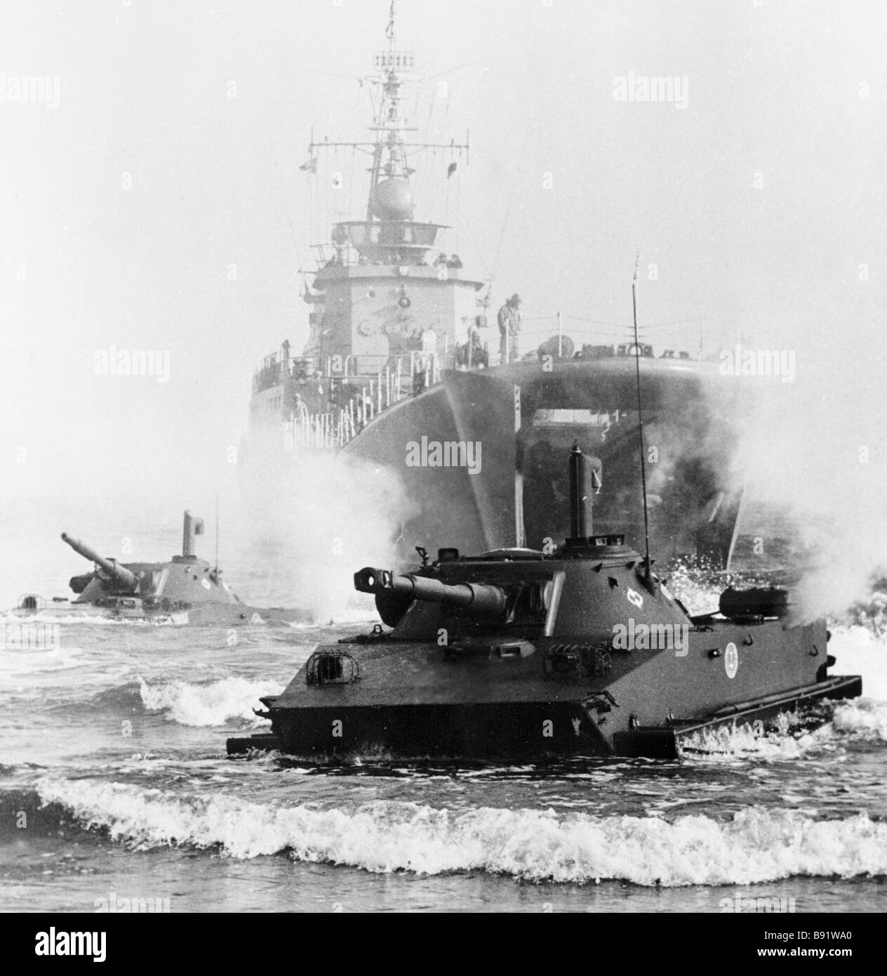 Armored troops landing from a warship during a Wojsko Polskie military ...